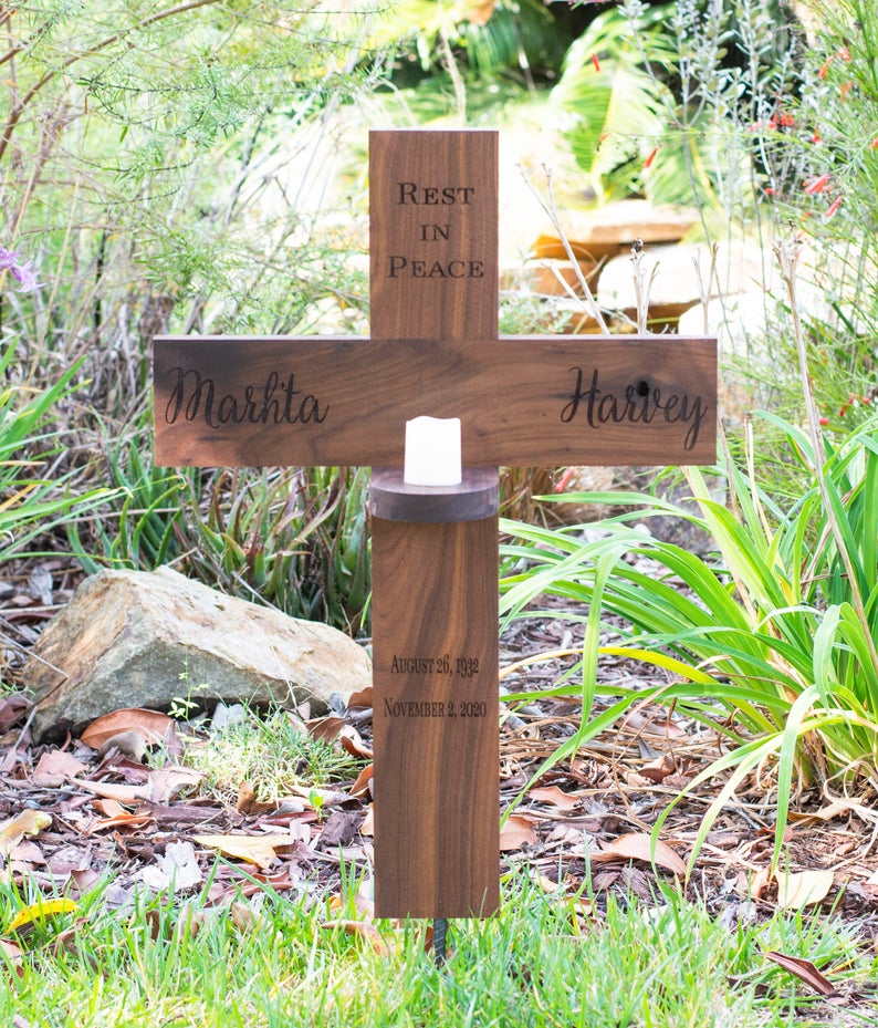 Personalized Memorial Cross w/ Flame-less Candle or Vase - Made in USA ...